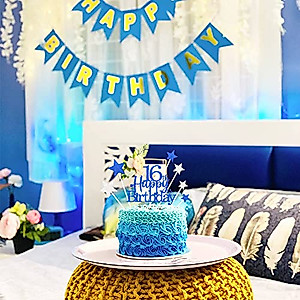 Pargleev Glittery 16th Cake Topper with Star Boys and Girls 16th Birthday Party Supplies, Sixteen Years Old Birthday Party Decorations Royal Blue