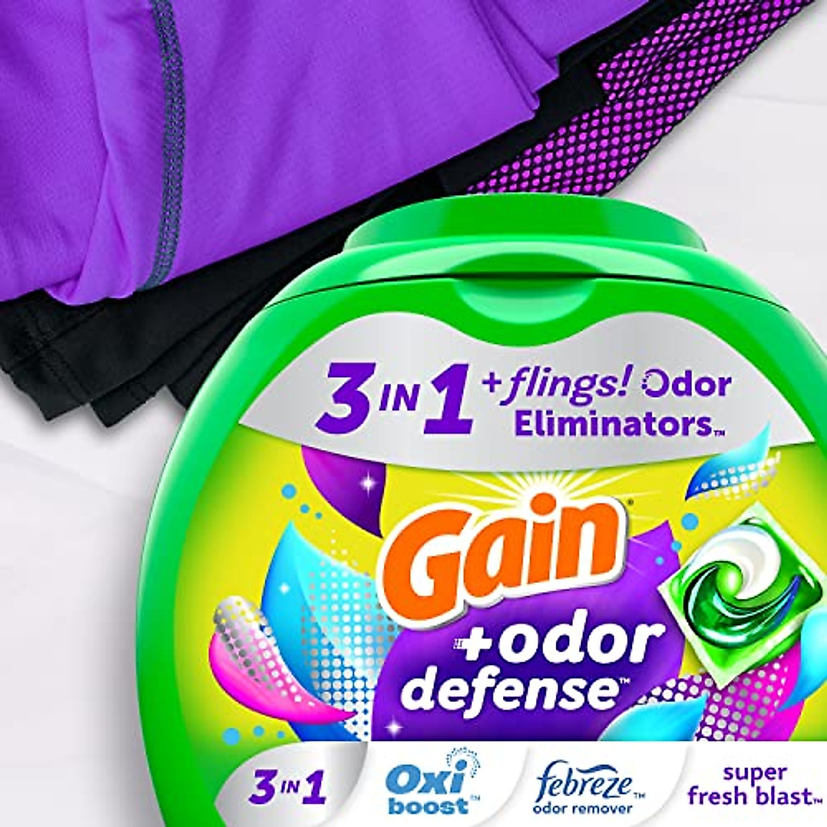 Gain Flings Laundry Detergent Pacs with Odor Defense 60 Ct Super Fresh HE 3in1 Detergent Pacs with Febreze and Oxi