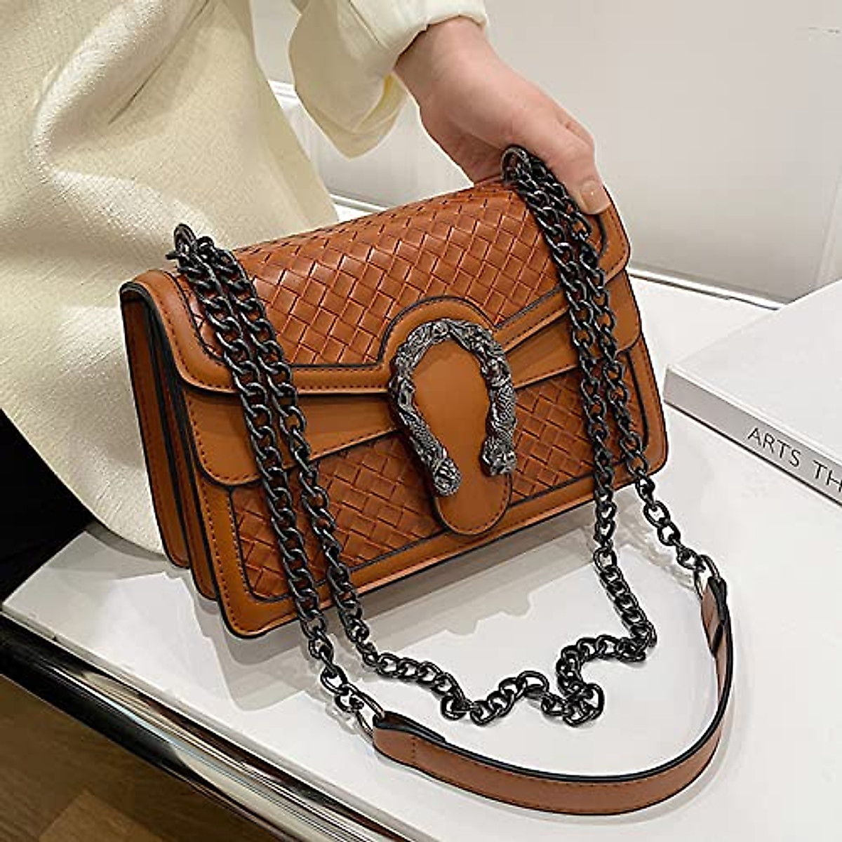 Movefad Women Crossbody Shoulder Bag Trendy Weave Leather Square Tote Metal Chain Satchel Wallet Handbag