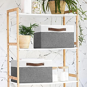 LOVSTORAGE Storage Boxes, 3 Pack Fabric Collapsible Storage Organizer Container with Leather Handle, 13 x 9 x 8 inch Rectangular Storage Bins Baskets for Shelves Home Nursery, White/Grey