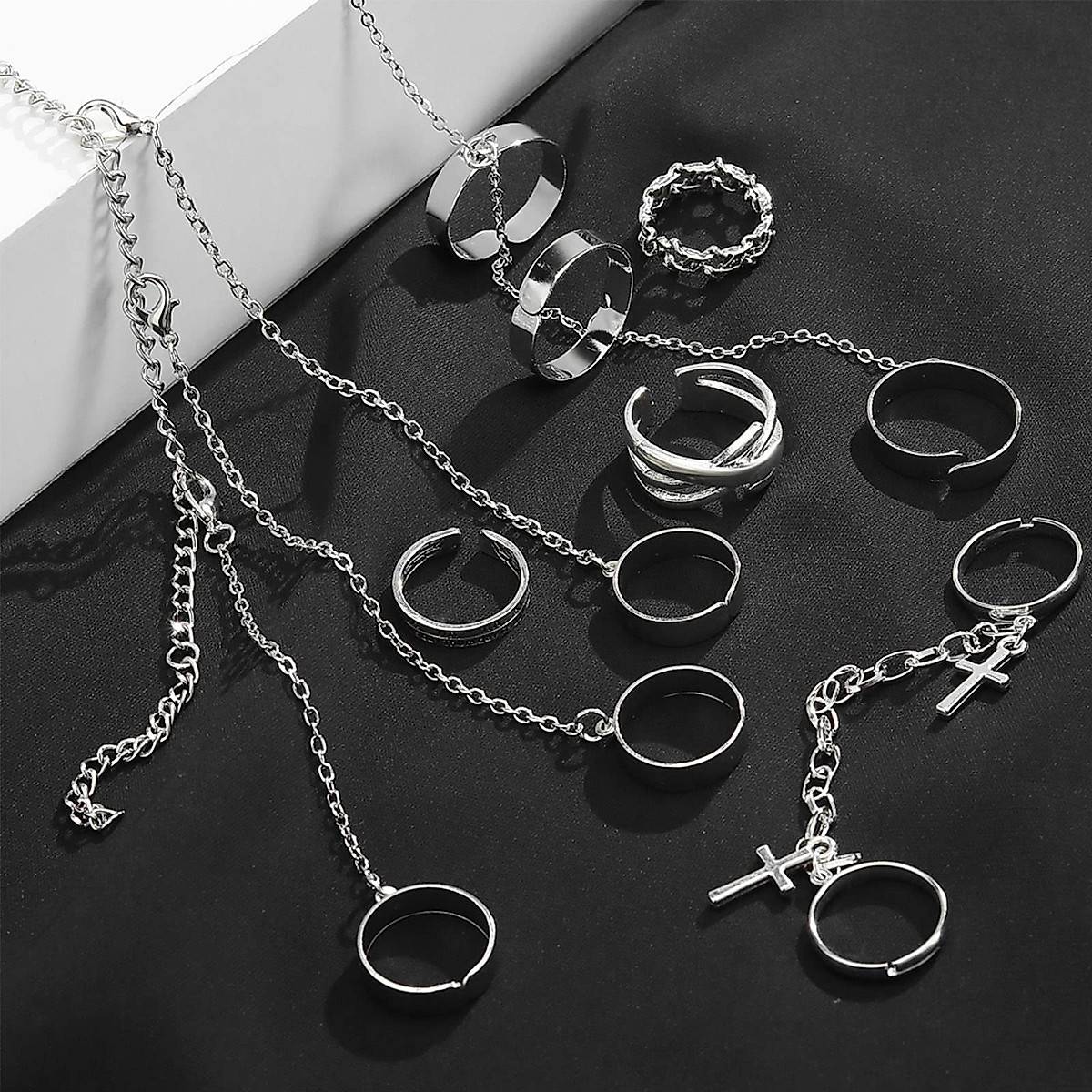 IFKM Vintage Silver Chain Finger Rings Bracelet, Gothic Punk Emo Cross Cool Simple Rings, Adjustable Statement Stackable Rings For Wen Women