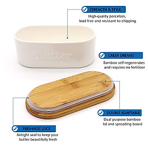 MBR FORCE Ceramic Butter Dish with Lid for Countertop Large White Farmhouse Butter Holder with Knife Butterdish Keeper Container Box