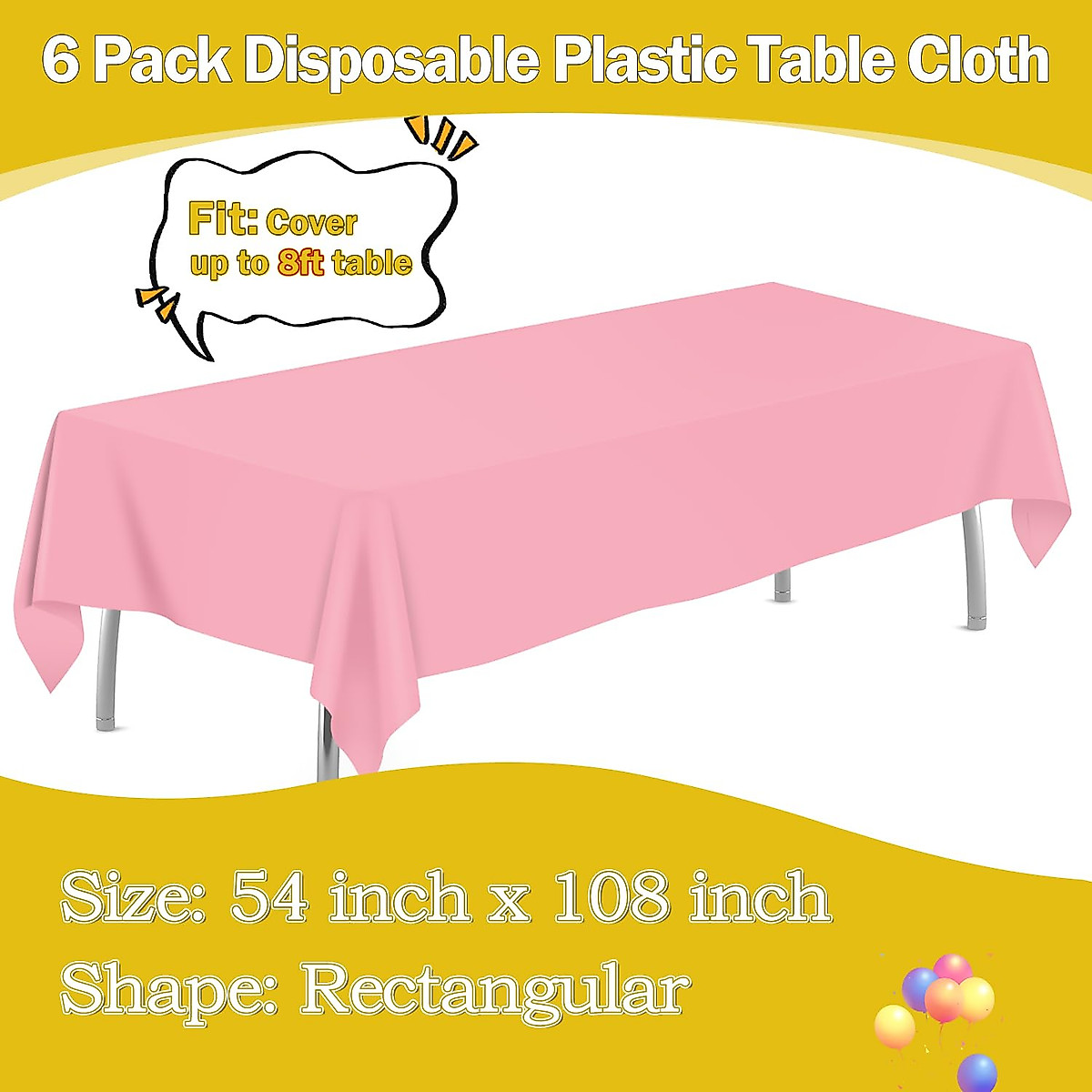 tujol Pink 6 Pack Plastic Table Cloth 54" x 108", Disposable Tablecloths Rectangle Table Cover, Plastic Table Cloths for Parties