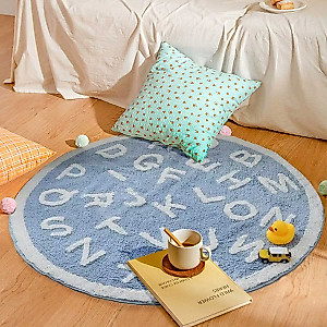 4.6ft ABC Alphabet Round Rug for Kids Playroom Bedroom Soft Plush Washable Non-Slip Children Educational Learning Nursery Rug Baby Crawling Mat Floor Carpet for Kids Baby Toddlers, Blue