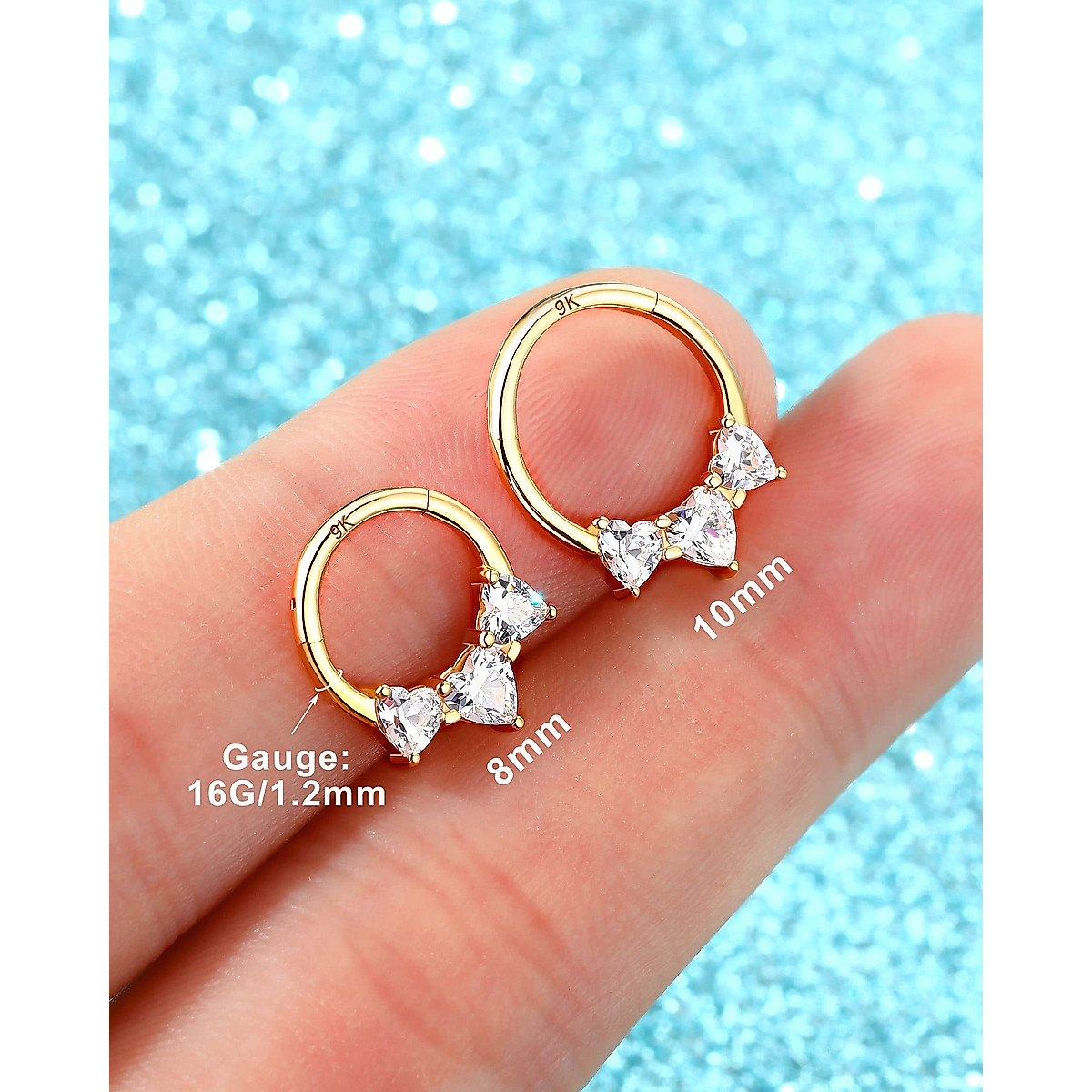 Melighting Solid Gold Septum Rings 16G Gold Heart Septum Jewelry 9K Gold Daith Piercing Jewelry for Women Helix Earrings Clear CZ Gold Tragus Piercing Jewelry