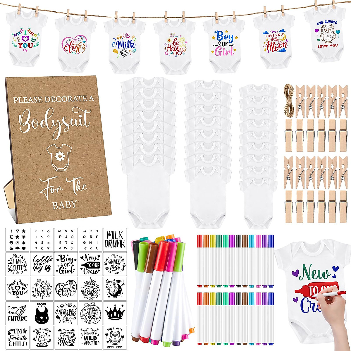 Panitay 126 Pcs DIY Baby Bodysuit Baby Shower Set Rustic Kraft Baby Shower Game Sign DIY Baby Bibs 25 Blank White Newborn Bodysuit 25 Fabric Marker 25 Stencils 24 Markers 1 Sign for Gender Reveal