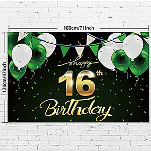 Happy 16th Birthday Black Banner Backdrop Background Photo Booth Props Green White Balloons Theme Decor for Sixteenth Year Anniversary 16 years Old Birthday Party Favors Supplies Decorations