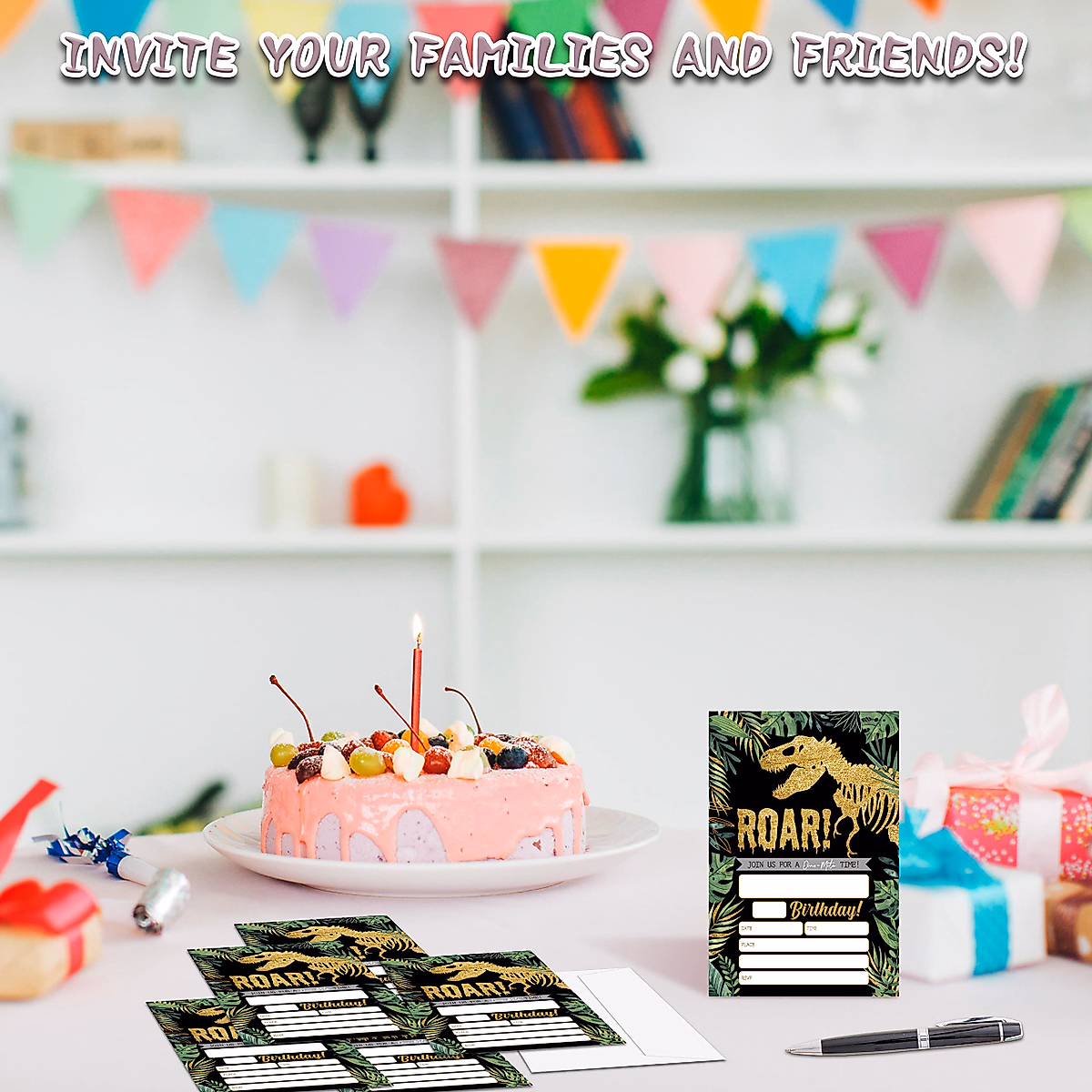 YQV Gold Dinosaur Birthday Party Invitations, 20-Count Jungle Birthday Party Invites With Envelopes-HBYQK-B44