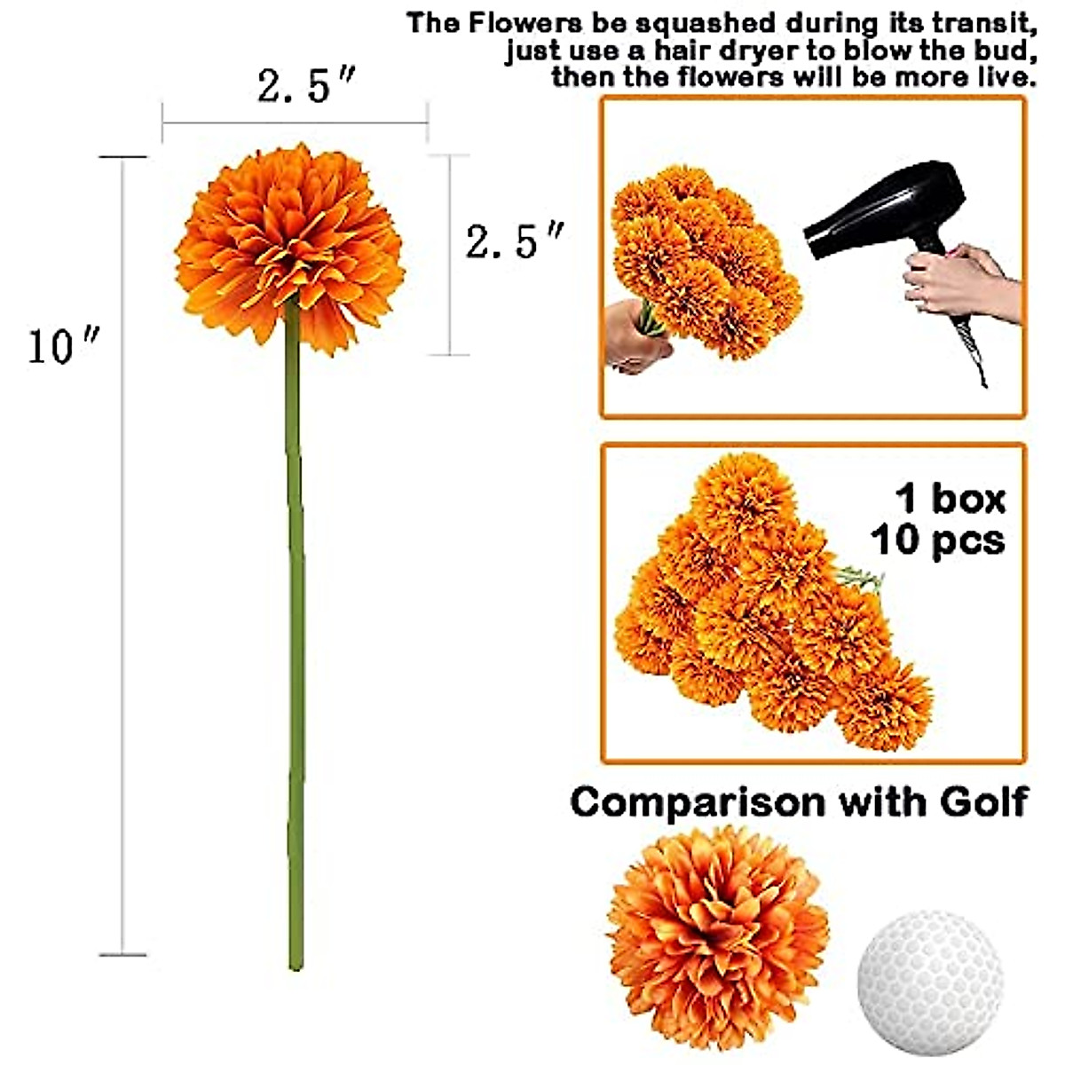 Fantasy Gardens Artificial Fake Flower Plants Silk Chrysanthemum 10Pcs DIY Ball Hydrangea Arrangements Wedding Bouquets Decor Home Kitchen Garden Party Table (Orange)