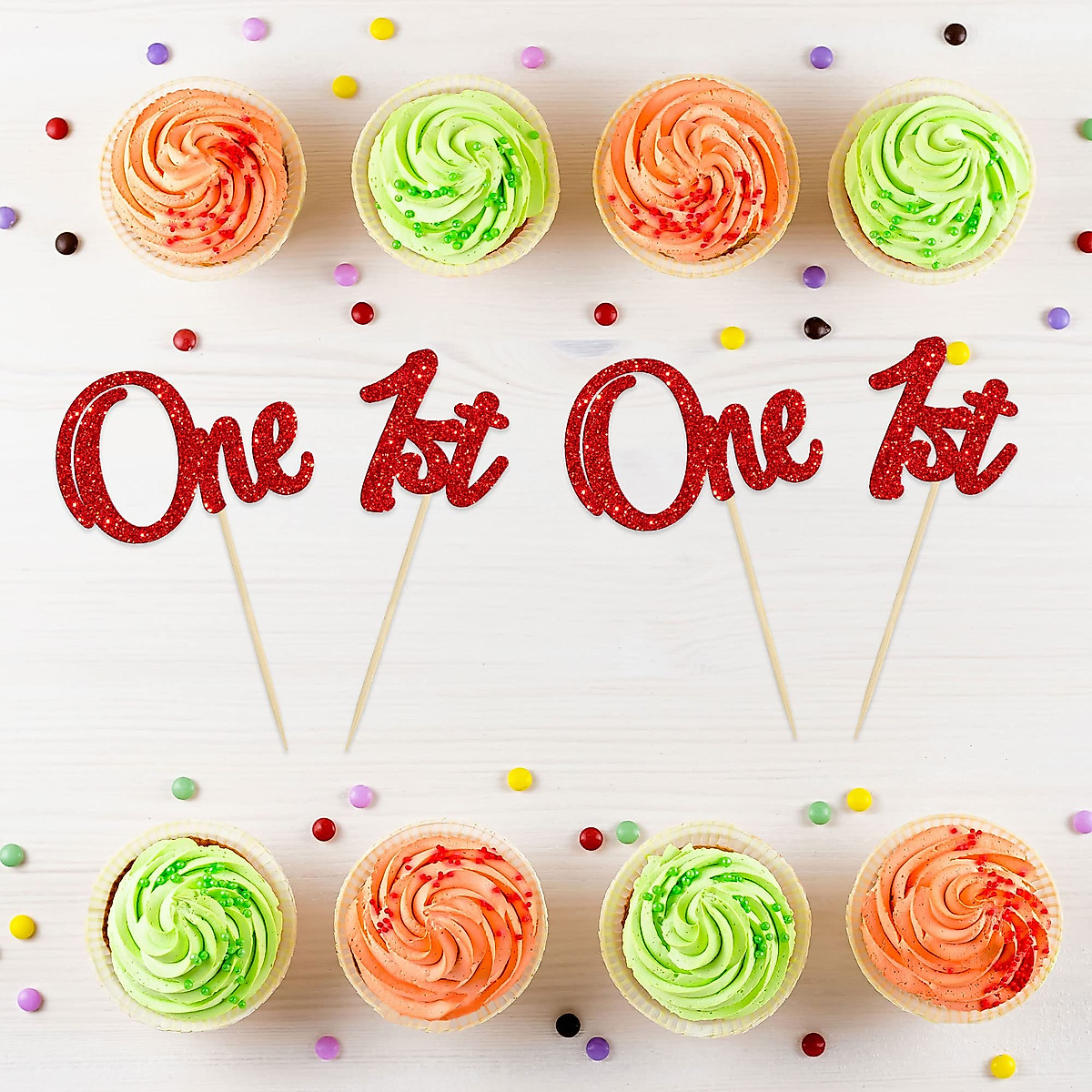 Gyufise 24Pcs 1st Birthday Cupcake Toppers Glitter First Birthday One Cupcake Picks for Baby Shower 1st Birthday Party Cake Decorations Supplies Red