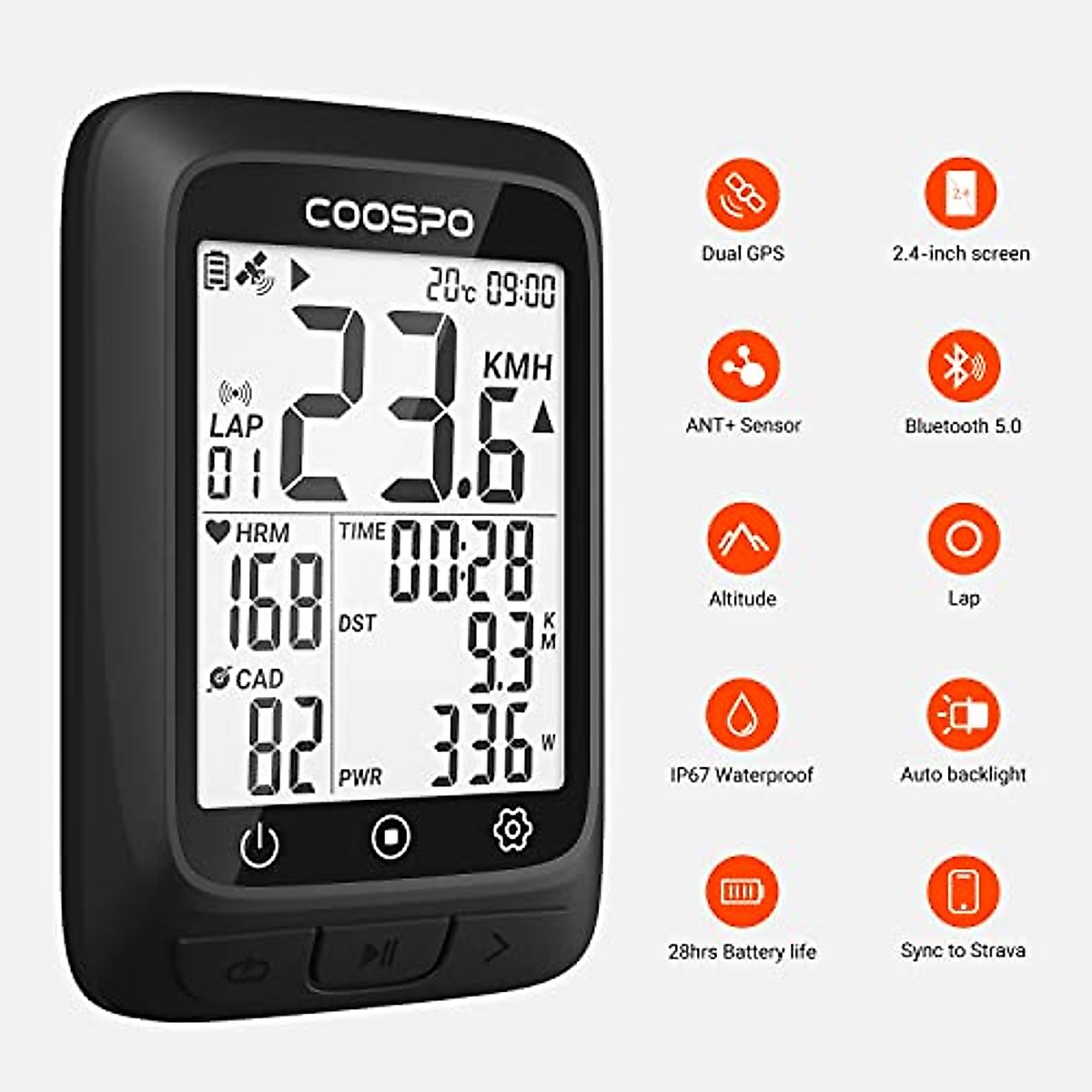 COOSPO GPS Cycling Computer BC107 & Bike Cadence/Speed Sensor BK467, Wireless Bike GPS Speedometer with 2.4 Inch Auto-Backlight Display, Bluetooth/ANT+ Bicycle Computer GPS Sync with Strava