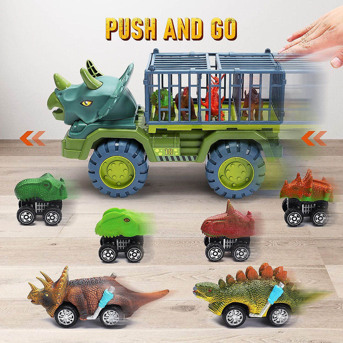 CUTE STONE Dinosaur Truck for Kids 3-5, Dinosaur Transport Truck with Dinosaur Toys and Play Mat, 2 Friction Powered Cars, 4 Pull Back Dinosaur Cars, Dino Car Playset for Boys