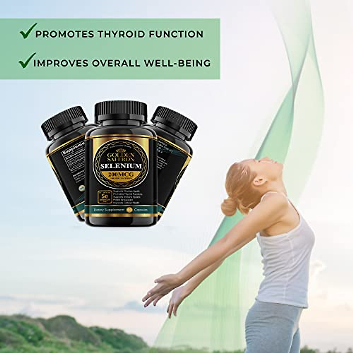 Golden Saffron Selenium (200mcg Selenium & 88.5 mg Saffron Extract) - to Support Overall Health, Thyroid Function, Prostate Health - Non-GMO & Gluten-Free - from USA - & Tasteless