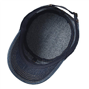 VOBOOM Washed Cotton Military Caps Cadet Army Caps Unique Design Vintage Flat Top Cap (Denim Dark Blue)