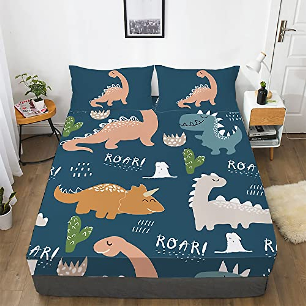 Wajade Blue Dinosaur Sheet Sets Twin Size Cute Cartoon Dinosaur 3D Plants Print Bedding Set for Kids Boys Girls 2pcs (1 Deep Pocket Fitted Sheet+1 Pillowcases)