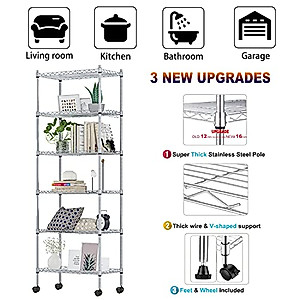 Devo 6-Tier Wire Shelving Unit, Adjustable Metal Shelving for Storage, Heavy Duty Wire Storage Racks with Side Hooks, Pantry Shelves for Garage, Kitchen, Living Room, Bathroom (Upgrade Silver)