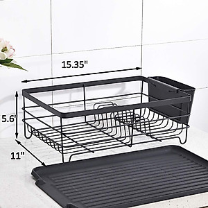 Popity home Dish Drying Rack, Large Kitchen Dish Drying Rack, Metal Dish Rack, Drying Rack with Black Drainboard, Spoons and Knives Storage Box