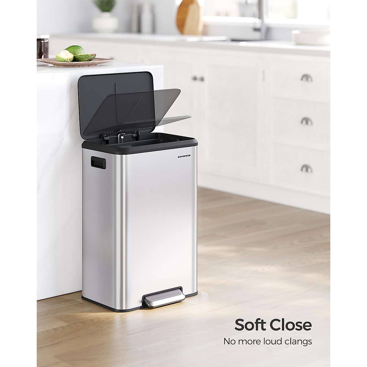 SONGMICS Kitchen Trash Can, 10.5-Gallon (40L) Garbage Can with Lid and Wide Foot Pedal, Soft Close and Stays Open, Silver ULTB541E40