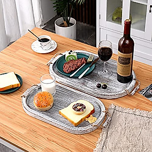 Decorative Tray Rustic Serving Trays Decorative Ottoman Wood Decor Kitchen Counter Decor Serving Tray with Handles,Nested Oval Whitewashed Farmhouse Platters(Set of 3 Pcs)