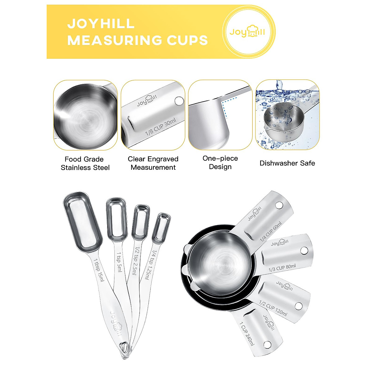 Joyhill Measuring Cups and Spoons Set of 8 Piece, Metal Stainless Steel Measuring Cups and Spoons Set for Baking Cooking, Dry and Liquid Ingredients