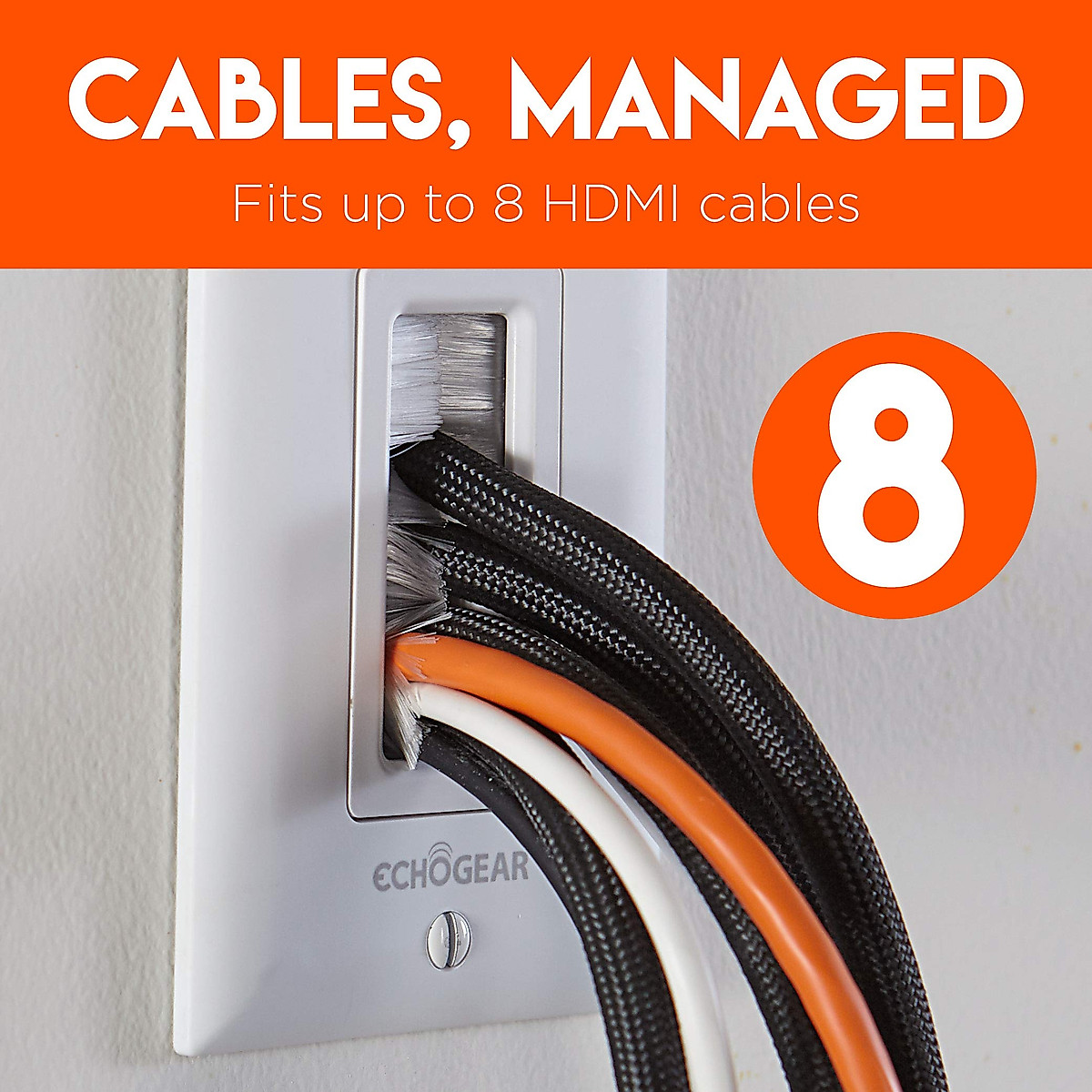 ECHOGEAR Wall Brush Plate for Hiding Up to 8 Low Voltage Cables - Sturdy Brushes with Cable Catching Design - Ideal Cable Pass Through for Wall Mounted TVs