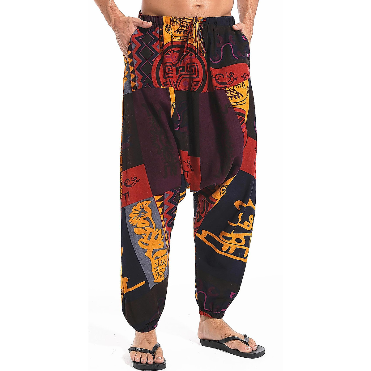 perdontoo Men Women's Harem Pants Drawstring Elastic Waist Aladdin Boho Hippie Drop Crotch Trousers (38, Style 1)