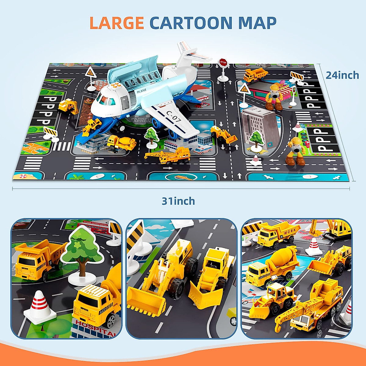 Transport Cargo Airplane, Large Theme Airplane Toy Set, Educational Toy Vehicle Play Set with Smoke Sound and Light, Fricton Powered Plane with Mini Cars and Men, Birthday Gift for Boys and Girls