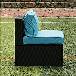 ERYE Weather Conversation, Outdoor Garden PE Rattan Manual Weaving Wicker Sectional Sofa 2 Pillow, 5 Pieces Modular Patio Furniture Set, Black+Light Blue