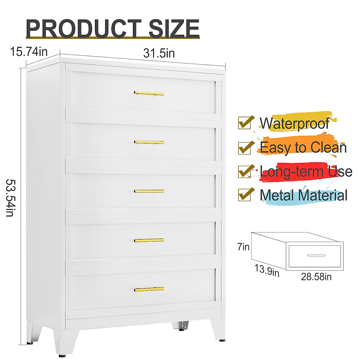 pozdeg 5 Drawers Dresser for Bedroom, 53.5" H Tall Metal Storage Organizer Drawer Chest with Large Capacity, Office Home Multi-Functional Accent Cabinet for Bedroom Hallway Closet