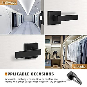 KNOBWELL 4 Pack Contemporary Square Door Handle Passage, Black Door Handles Inside, Interior Door Knob Set, Matte Black (No Lock/Key)