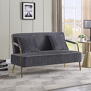 HANLIVES 55" Loveseat Sofa,Modern Upholstered Pleated Velvet Couch,2 Seater couches with 2pcs Throw Pillows,Comfy Love seat with Gold Metal Legs for Living Room,Small Spaces,Apartment(Grey)