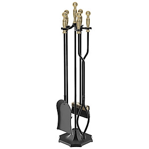 LOENIY 5 Pieces 31In Fireplace Tools Set, Wrought Iron Fireplace Tools with Ergonomic Handle, Fireplace Accessories Set included Tong, Shovel, Base, Poker and Brush for Indoor (Antique Bronze)