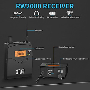 XTUGA RW2080 UHF IEM Wireless in Ear Monitor System, 2 Channel Wireless in Ear Monitor System with in Earphones IEM System 6 Bodypacks, Wireless Range 300Ft, 40 Frequencies 572MHz-599Mhz