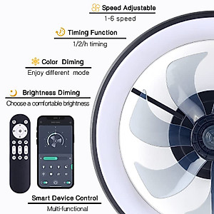 Femony Ceiling Fans with Light,20" Dimmable Modern Ceiling Fans with Lights and Remote,3 Light Color Change/6-Speed/Timing Setting,Flush Mount Ceiling Fan for Bedroom,Matte Black Finish