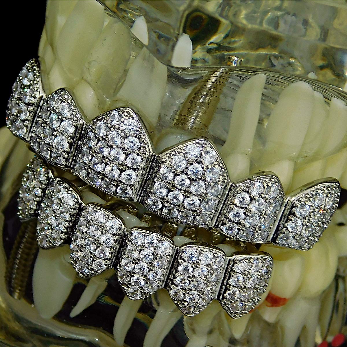 CZ Grillz Set Silver Tone Cubic Zirconia Micro Pave Bling Teeth Top & Bottom Row Iced Hip Hop Grills