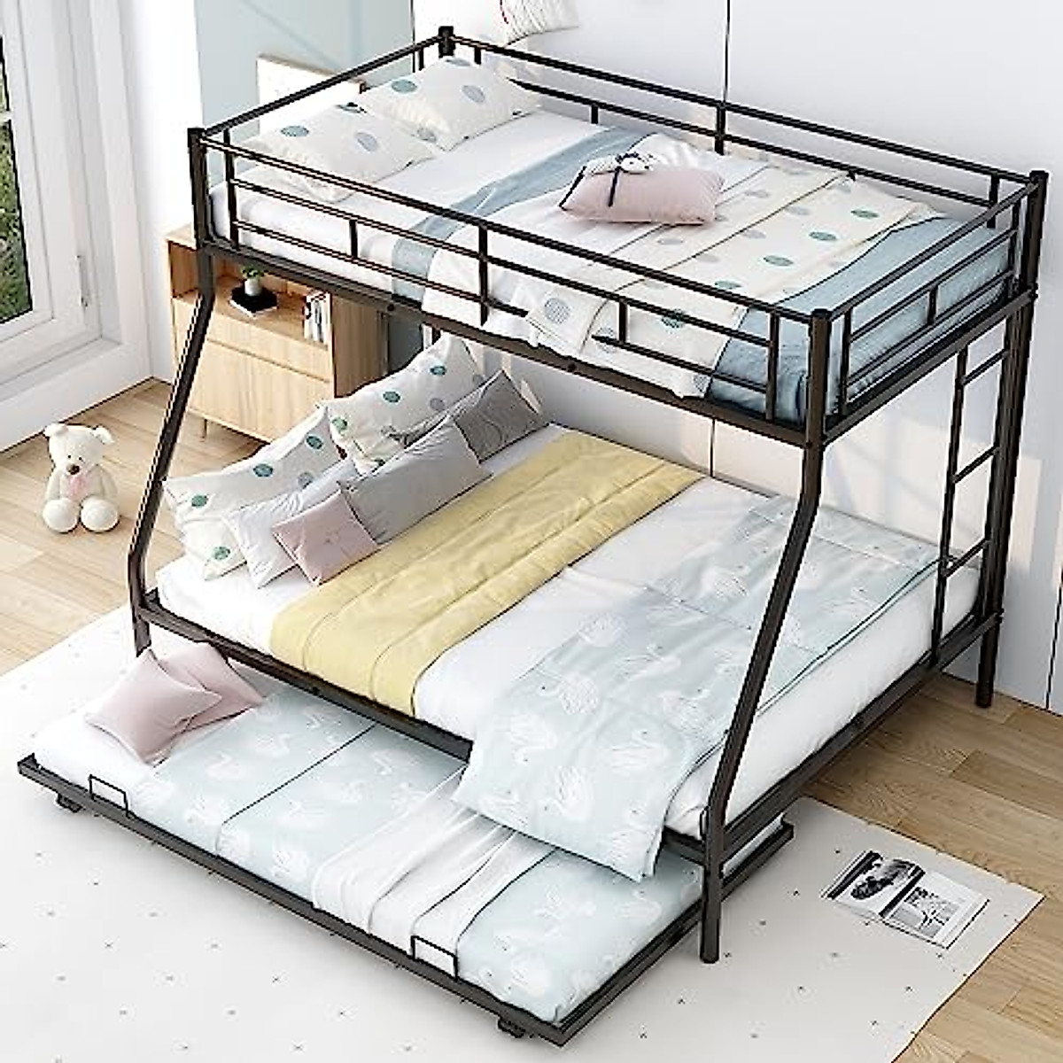 Merax Twin Over Full Triple Bunk Bed with Trundle:Triple Bunk Beds, Sturdy Steel Bunk Beds Frame for 3 Kids/Teens with Two Side Ladders and Safety Guard Rail,Black