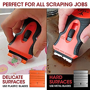 Razor Blade Scraper Set of 2 – Multi-Purpose Razor Scraper Designed to Remove Labels, Stickers, Decals, Caulk, Adhesive, Paint - Bonus Steel and Plastic Blades for Heavy Duty and Delicate Cleaning