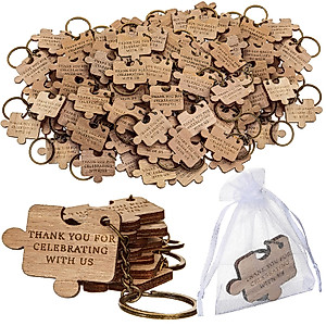 Huquary Wedding Favors Bulk for Guest Wood Puzzle Keychain Thank You for Celebrating with Us Keyring Gifts with Organza Bags for Bridal Shower Engagement Bachelorette Party Supply (200)