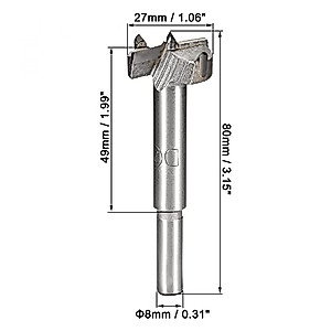 uxcell Forstner Wood Boring Drill Bit 27mm Dia. Hole Saw Carbide Alloy Steel Tip Round Shank Cutting for Hinge Plywood Wood Tool