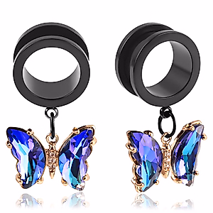 Atomhole 2 PCS Ear Gauges Elegant Butterfly Dangle Hypoallergenic Stainless Steel Ear Plugs Tunnels Gauges Stretcher Pair Selling 2g 0g for Women Piercing Body Jewelry (8mm(0G))