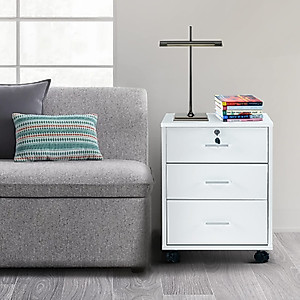 CLIPOP Mobile Office Cabinet with 3 Drawers(1 Lockable), Under Desk Rolling Vertical File Cabinet with 4 Wheels for Letter/Legal /A4 Size Documents, Wooden Storage Cabinet for Home Office (White)