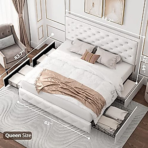 Queen Bed Frame with Storage and Adjustable Headboard, Bed Frame with 4 Drawers and Wooden Slats Support, No Box Spring Needed (PU White, Queen (U.S. Standard))