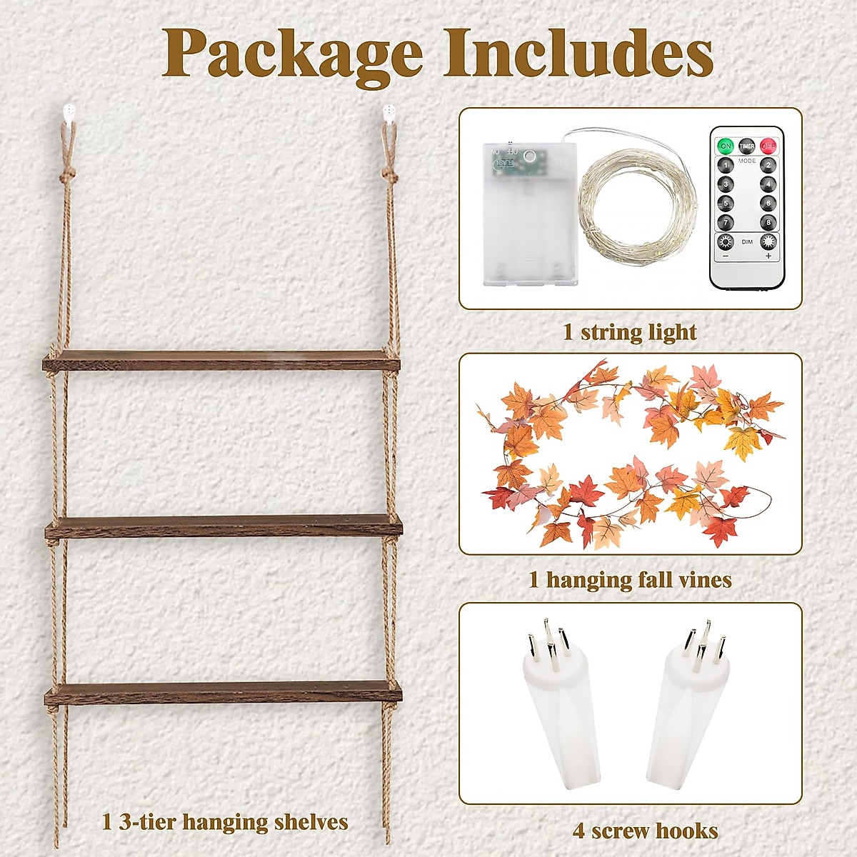 3-Tier Macrame Hanging Shelf for Wall Decor, Wooden Lighted Hanging Shelves with Fall Artificial Maple Leaves Boho Room Decor Aesthetic Wall Storage Floating Shelves for Bedroom Living Room Farmhouse