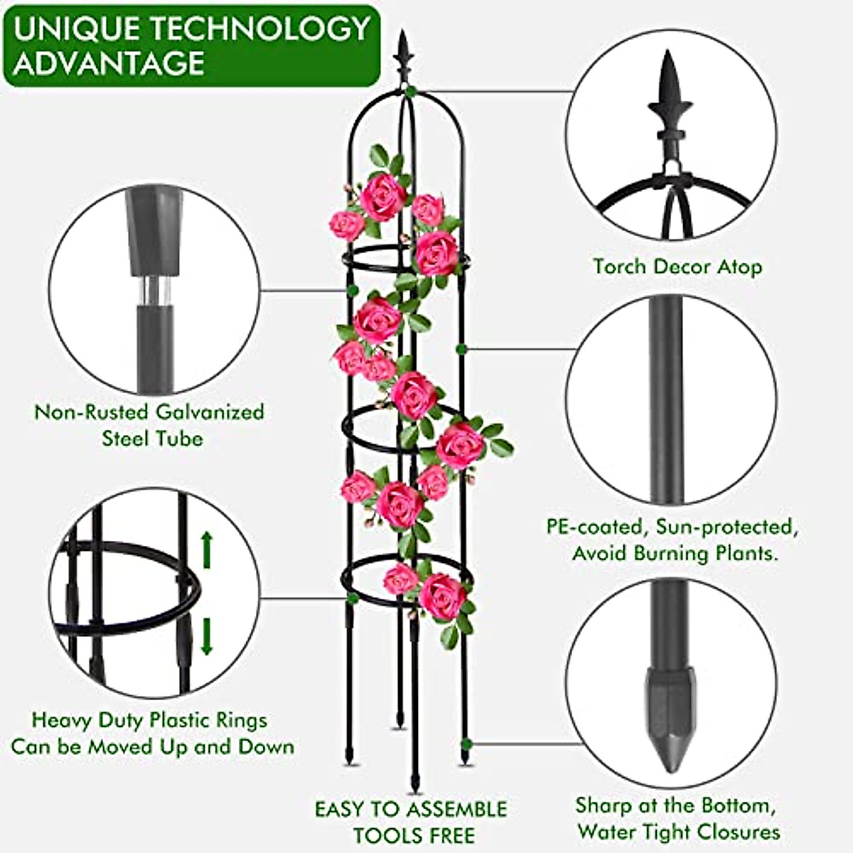 Obelisk Garden Trellis for Climbing Plants, 6 ft Adjustable Heavy Duty Rustproof Thicken Metal Plant Support, Tower Trellis for Climbing Plants Outdoor Indoor Potted Vines, Rose, Flowers(4.16 lbs)