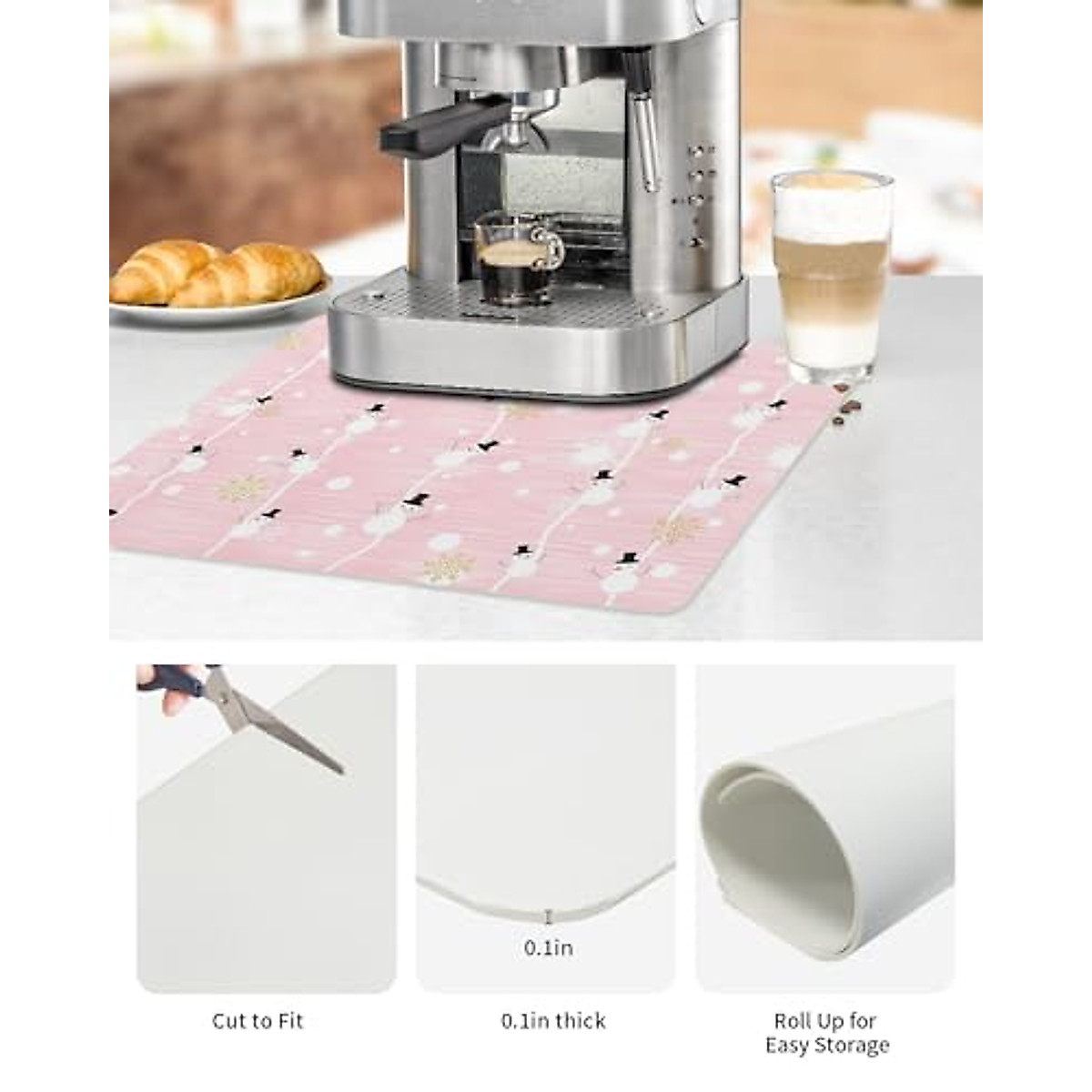 LaBLUUX Coffee Mat for Counter, Pink Christmas Snowman Snowflake Absorbent Hide Stain Coffee Bar Mat, Non-Slip Coffee Bar Accessories Kitchen Drying Mat Fit Under Coffee Maker Espresso Machine