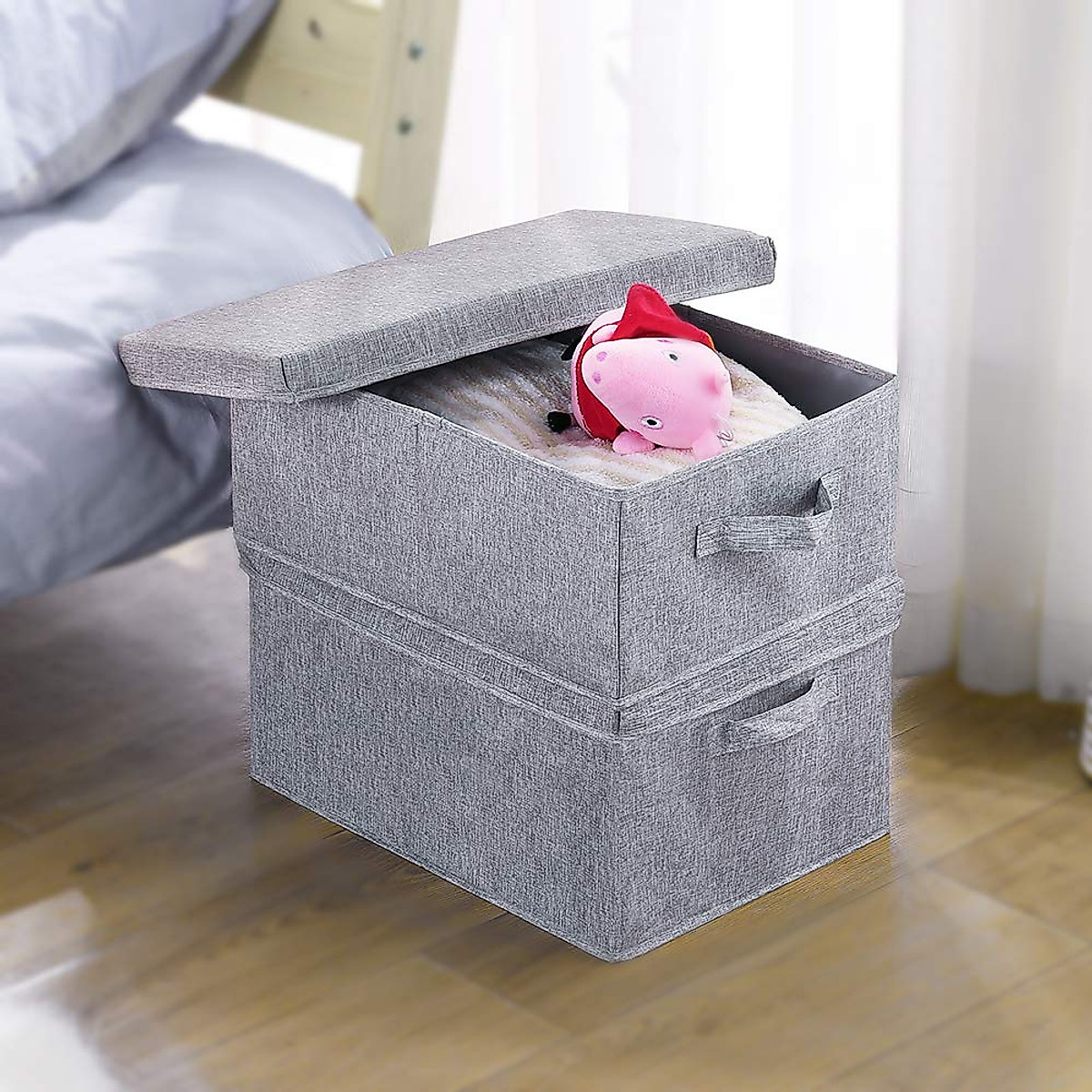 HOONEX Linen Foldable Storage Bins with Lids, 2 Pack, Storage Boxes with Carrying Handles and Study Heavy Cardboard, 16.5" L x 11.8" W x 7.5" H for Toy, Shoes, Books, Clothes, Nursery, Light Grey
