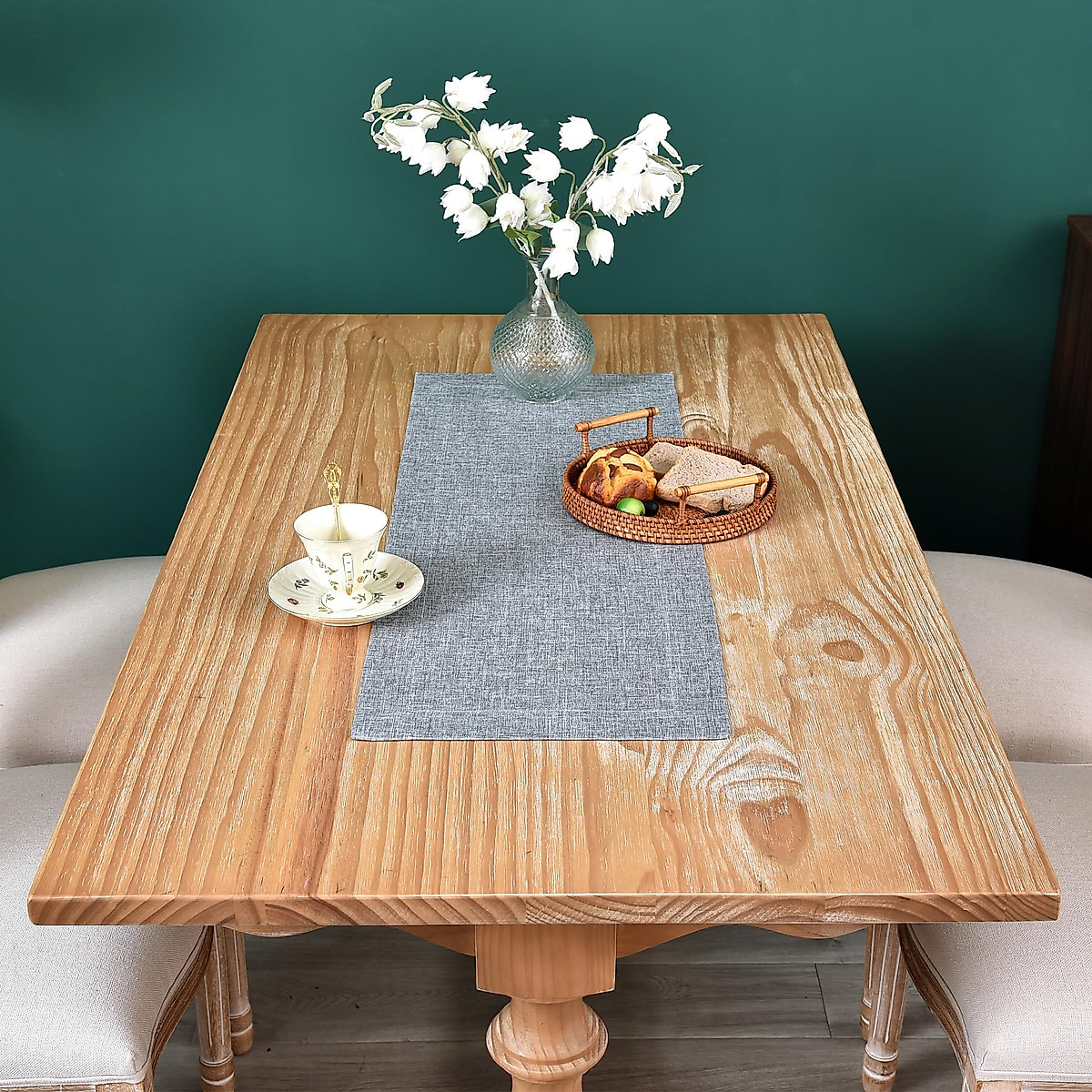 NEWISHER Farmhouse Rustic Table Runner Solid Grey Rectangular Table Runners Faux Linen Table Runner for Everyday Use Kitchen Dining Party Table 13x36 Inch