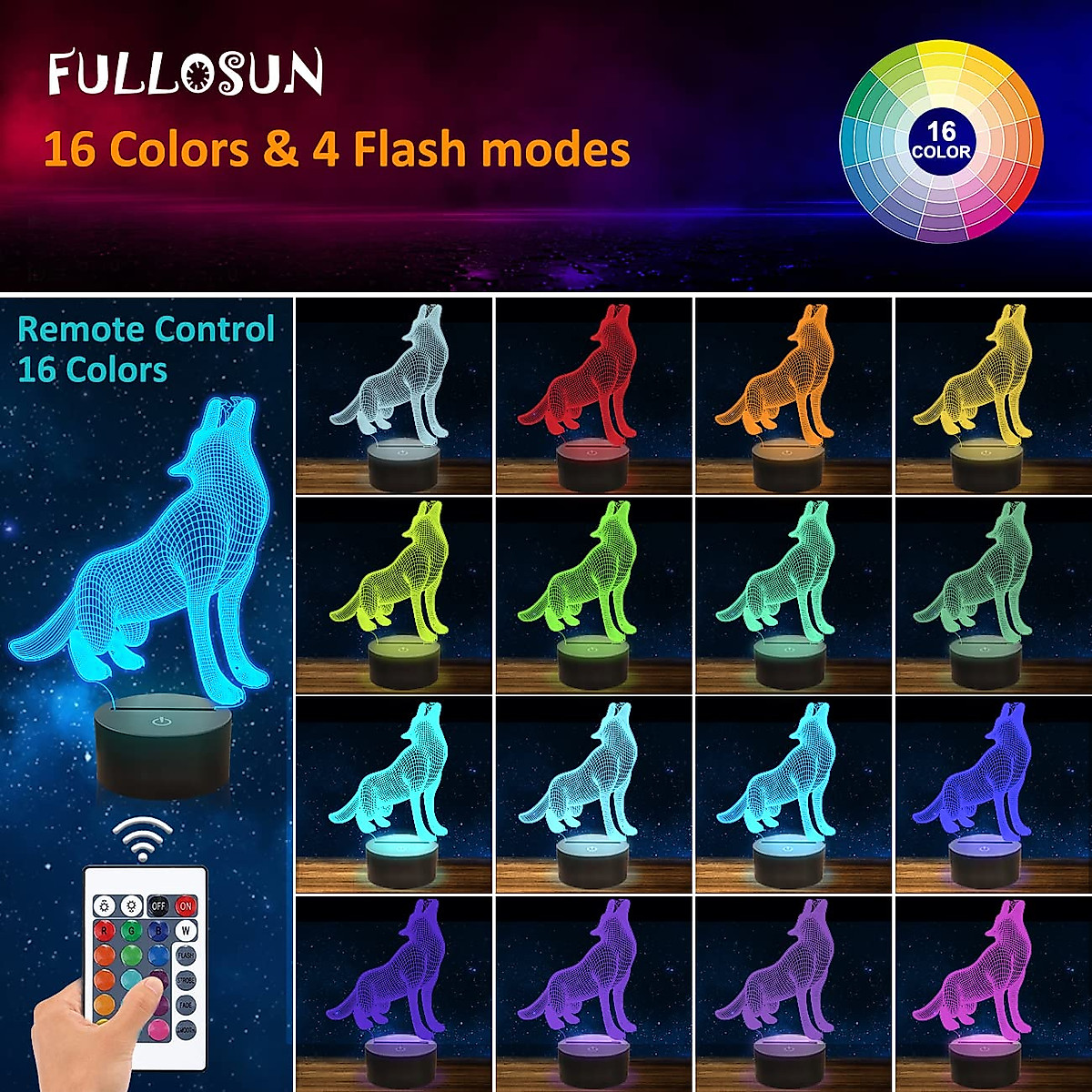 FULLOSUN Wolf Gift 3D Light, Optical Illusion Bedside Night Lamp, 16 Color Changing with Remote Control Creative Room Decor Best Birthday for Kids Boys Men