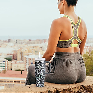 PIMDIR 40oz Leopard Tumbler with Handle Straw Lid, Stainless Steel Vacuum Insulated Reusable Travel Mug Keep Drinks Cold Ice Gym Cup, Gifts for Women Lovers, Car Holder Friendly, Gray