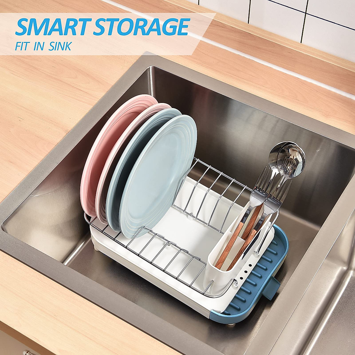 TOOLF Compact Dish Drainer, Small Expandable Dish Rack, Stainless Steel Dish Drying Rack with Removable Cutlery Holder, Anti Rust Plate Rack, Small Sink Drainer for Kitchen Countertop